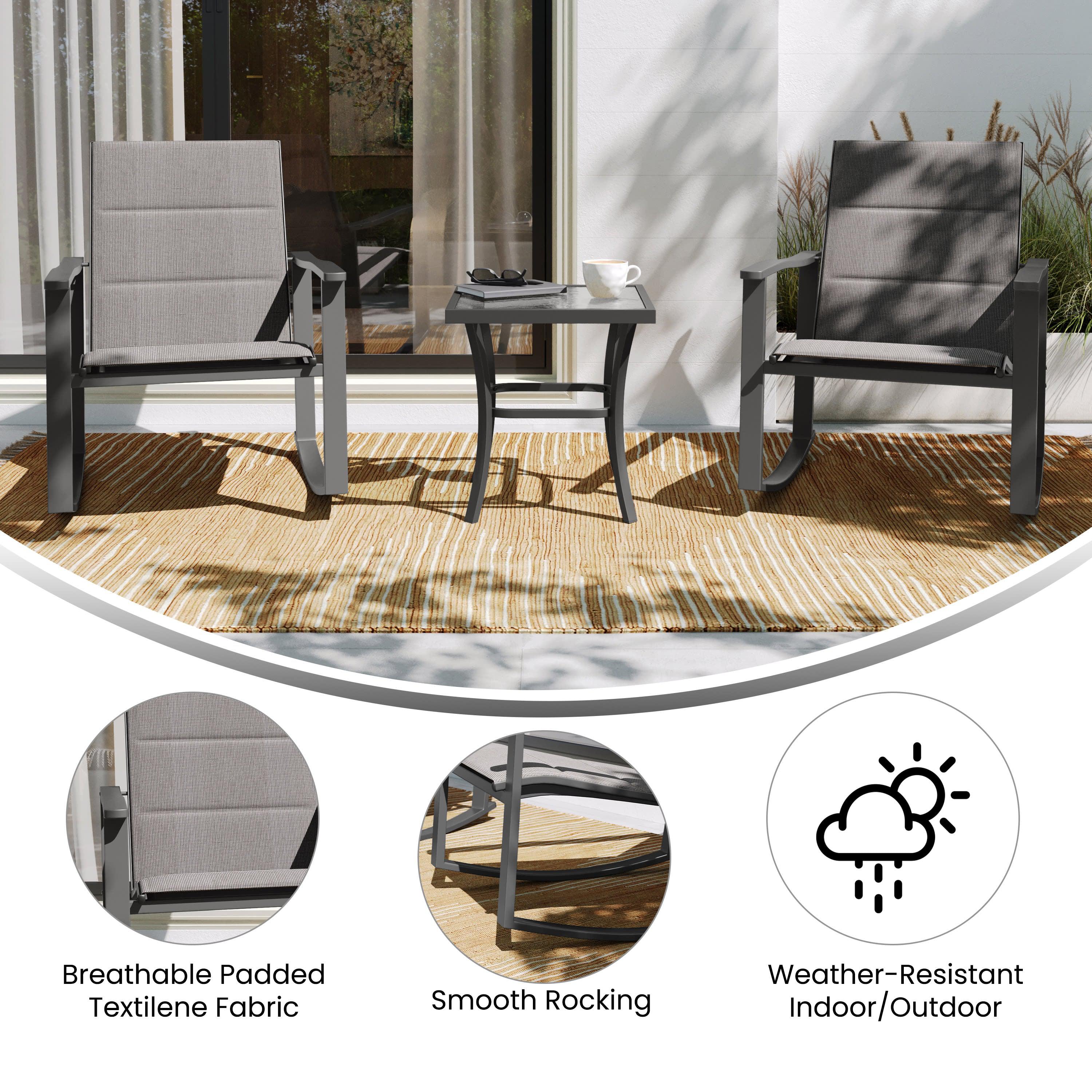 Brazos 3 Piece Outdoor Rocking Chair Bistro Set with Flex Comfort Material and Metal Framed Glass Top Table